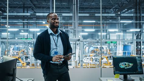 자동차 공장 사무실 공장 생산 컨베이어를 내려다 보는 성공적인 남성 수석 엔지니어 고급 하이테크 전기 자동차 제조 자동화 된 로봇 암 조립 라인 백 뷰 샷 엔지니어에 대한