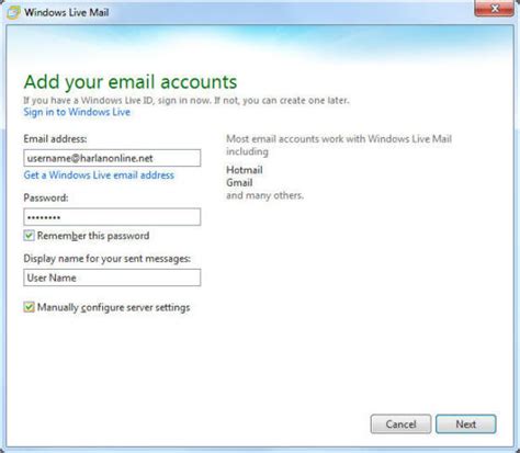 HarlanOnline Mail Settings For Windows Live Mail