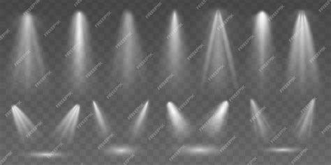 스포트라이트 무대 빔 광선이 있는 흰색 빛나는 램프 투광 조명 효과 조명 장면 벡터 프리미엄 벡터