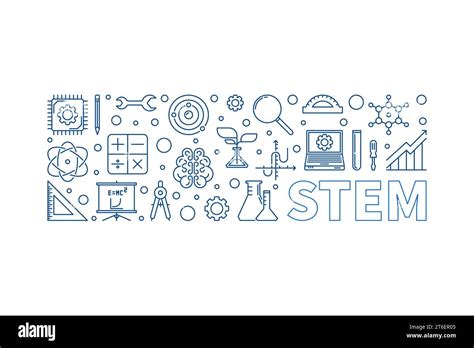 Stem Science Technology Engineering Mathematics Vector Horizontal Blue Thin Line Banner Or