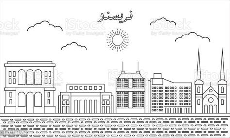 프레즈노 스카이라인 벡터 그림의 한 라인 아트 그림 여행 및 랜드마크 벡터 일러스트레이션 디자인 개념 현대 도시 디자인 벡터입니다 아랍어 번역 프레즈노 0명에 대한 스톡