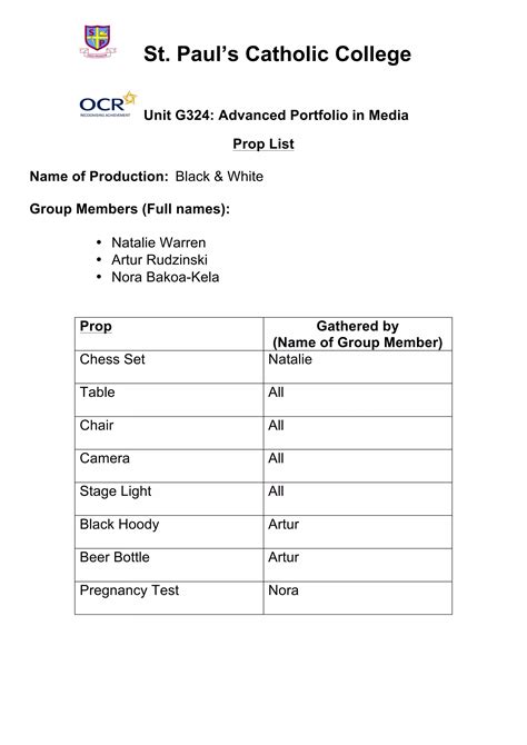 Prop List PDF Arts And Crafts Hobbies Interests