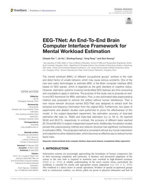 Pdf Eeg Tnet An End To End Brain Computer Interface Framework For Mental Workload Estimation