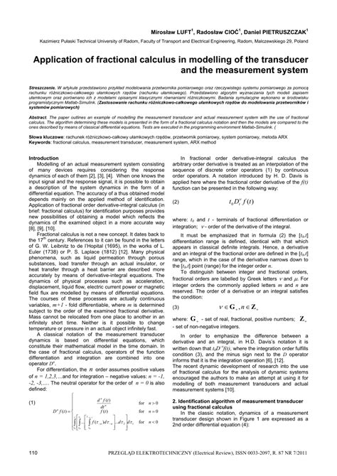 Pdf Application Of Fractional Calculus In Modelling Of The Transducer And The Measurement System