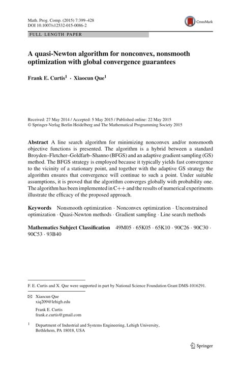 Pdf A Quasi Newton Algorithm For Nonconvex Nonsmooth Optimization