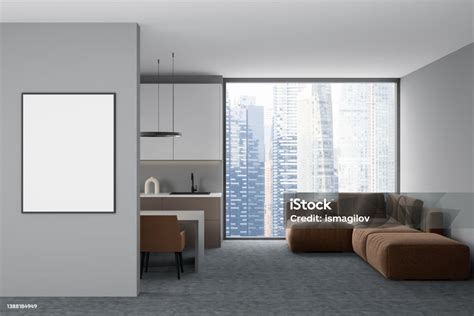벽 소파 테이블 카펫 바닥에 빈 흰색 프레임 모형 포스터와 현대적인 디자인 거실 식당과 부엌 인테리어 파노라마 창 도시 보기 개념 모의 3d 렌더링 0명에 대한 스톡 사진