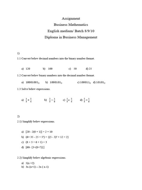 Business Mathematics Assignment Guide Pdf Demand Function