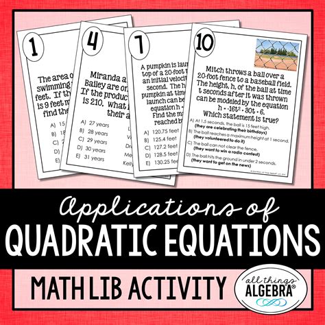 Applications Of Quadratic Equations Math Lib Activity All Things Algebra®