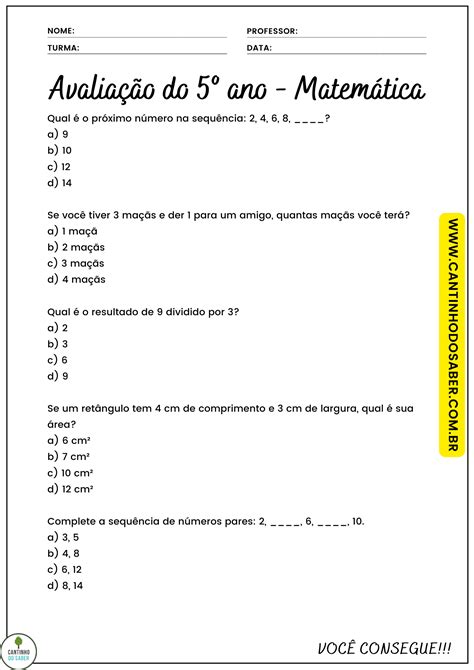 AVALIAÇÃO ANO DE MATEMÁTICA BIMESTRE Atividades para a Educação Infantil Cantinho do Saber