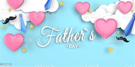 해피 아버지의 날 인사말 카드 배너 또는 플라이잉 하트 넥타이와 콧수염과 전단지 0명에 대한 스톡 사진 및 기타 이미지 0명 3차원 형태 개념 Istock