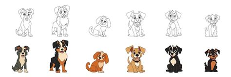 Coleção De Contorno De Cachorro Pequeno E Ilustração Vetorial Colorida
