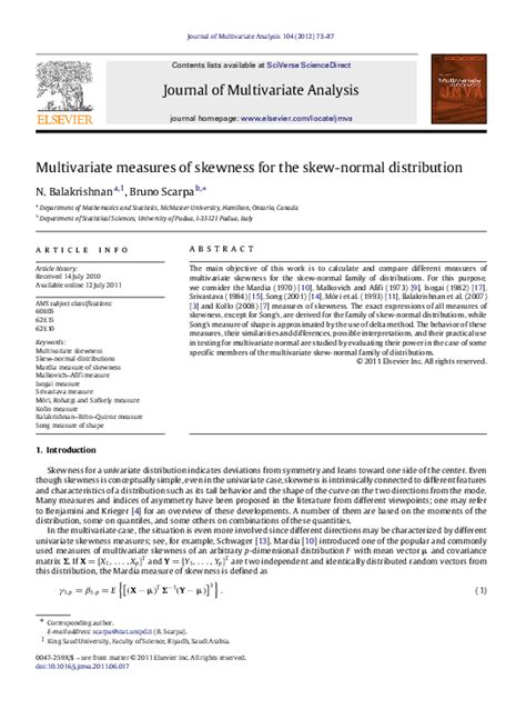 Pdf Multivariate Measures Of Skewness For The Skew Normal Distribution