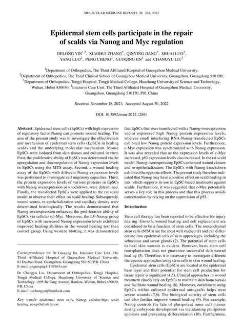Pdf Epidermal Stem Cells Participate In The Repair Of Scalds Via Nanog And Myc Regulation