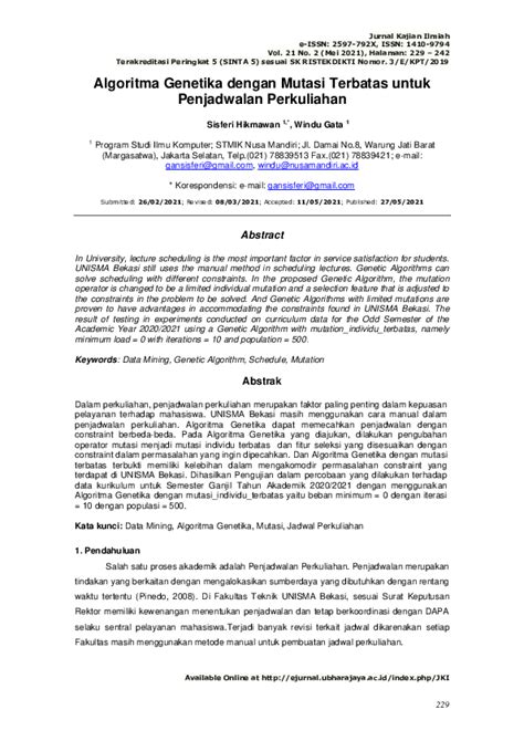 Pdf Algoritma Genetika Dengan Mutasi Terbatas Untuk Penjadwalan Perkuliahan