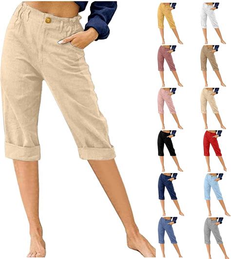 Apivoe Linen Capri Pants For Women Summer Casual Elastic Waist Cropped