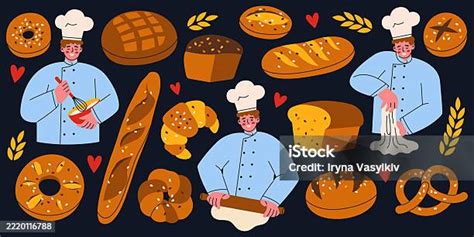 요리사 캐릭터가 유니폼을 입고 반죽에서 요리합니다 다양한 베이커리 제품 통곡물 빵 베이글 빵 프렌치 바게트 크로와상 호밀 빵