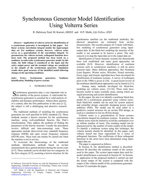 Pdf Synchronous Generator Model Identification Using Volterra Series
