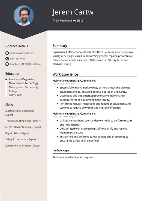 Maintenance Assistant Cv Job Description Sample And Guide