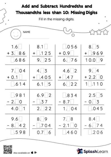 Add And Subtract Hundredths And Thousandths Less Than 10 Missing Digits Math Worksheets