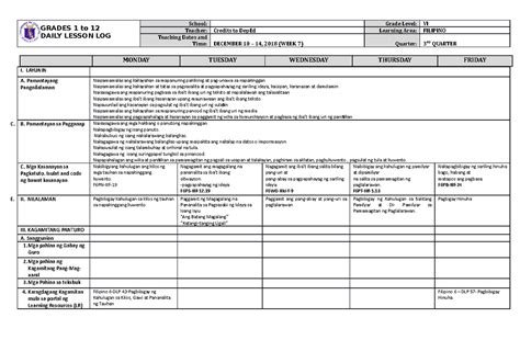 Dll Quarter 3 Week 7 Filipino 6 Grades 1 To 12 Daily Lesson Log School Grade Level Vi