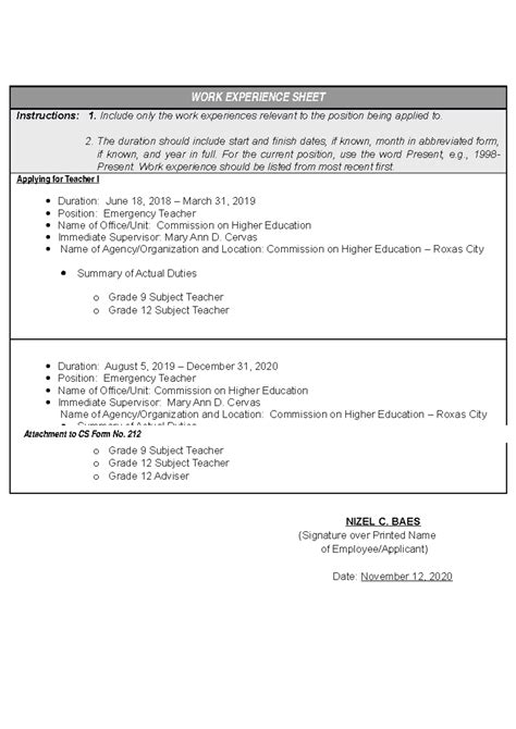 Cs Form No Practical Work Experience Sheet Instructions 1 Include