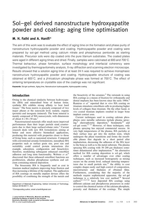Pdf Sol Gel Derived Nanostructure Hydroxyapatite Powder And Coating