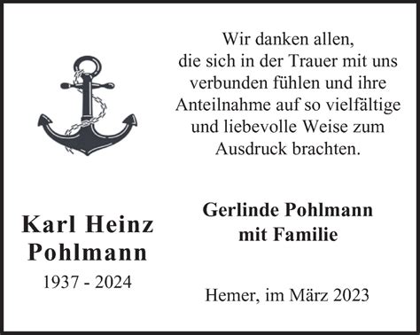 Traueranzeigen Von Karl Heinz Pohlmann Trauer In Nrw De