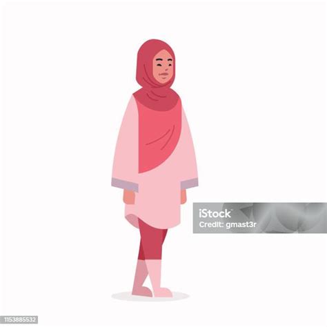 아랍 여자 히 잡 아라비아 소녀 입고 머리 스카프 전통 옷 서 포즈 아라비아 여성 만화 캐릭터 전체 길이 플랫 개념에 대한 스톡