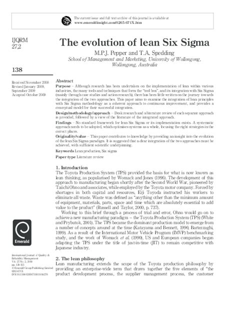 Pdf The Evolution Of Lean Six Sigma