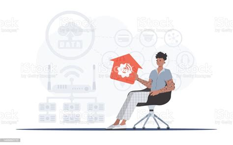 Iot 개념 한 남자가 안락 의자에 앉아 집 아이콘을 손에 쥐고 있습니다 웹 사이트 및 프리젠 테이션에 좋습니다 플랫 스타일의 벡터 일러스트레이션입니다 0명에 대한 스톡