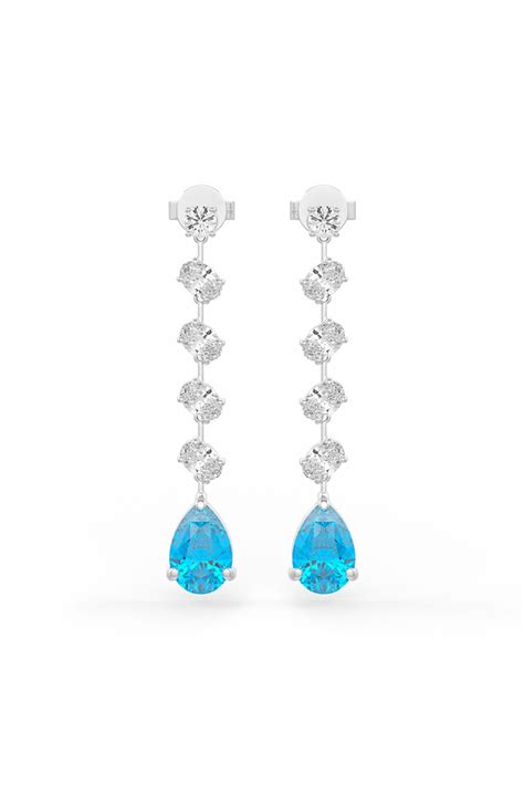 White Rhodium Finish Aqua Cubic Zirconia Crystal Dangler Earrings In