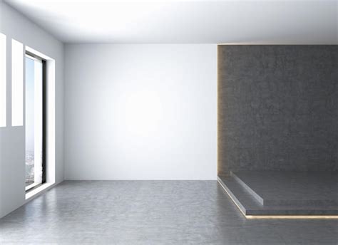 가구가 없는 빈 집 내부의 3d 렌더링 흰색 벽과 콘크리트 바닥 복사 공간 프리미엄 사진