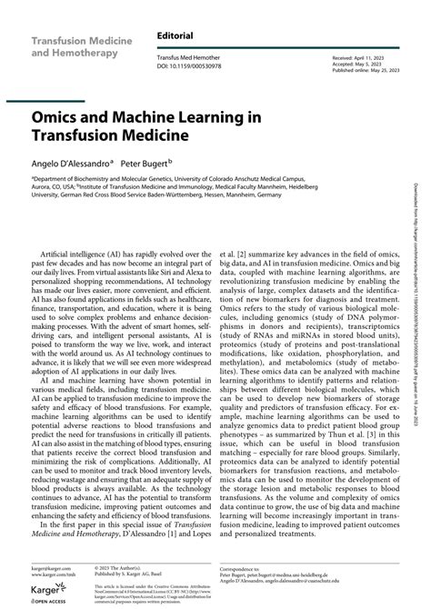Pdf Omics And Machine Learning In Transfusion Medicine
