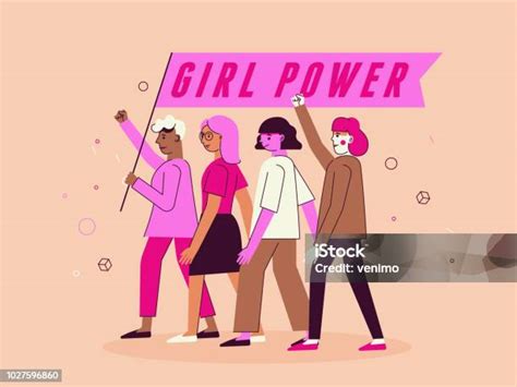 벡터 일러스트 레이 션 여성 캐릭터여성 파워와 유행 평면 선형 최소한의 스타일 여성의 권리에 대한 스톡 벡터 아트 및 기타