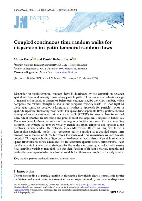 Pdf Coupled Continuous Time Random Walks For Dispersion In Spatio Temporal Random Flows