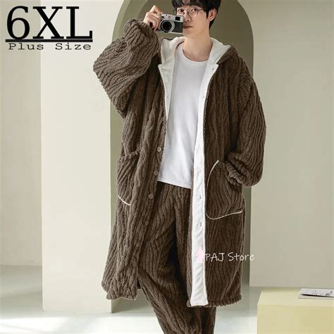 남성용 양털 잠옷 세트 긴 로브 기모노 가운 겨울 오버사이즈 두꺼운 플란넬 홈 의류 홈웨어 6xl 티몬