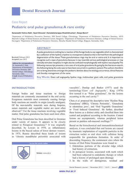 Pdf Pediatric Oral Pulse Granuloma A Rare Entity