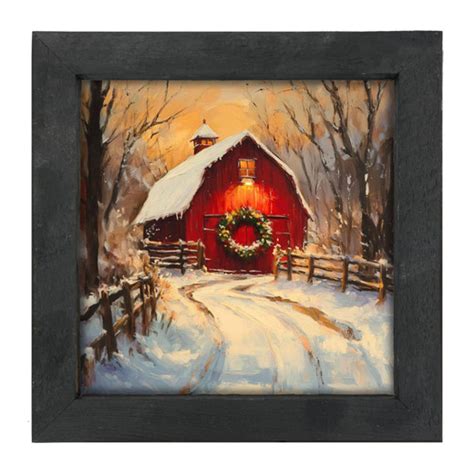 Red Barn At Christmas Black Frame 14x14 Country Village Shoppe