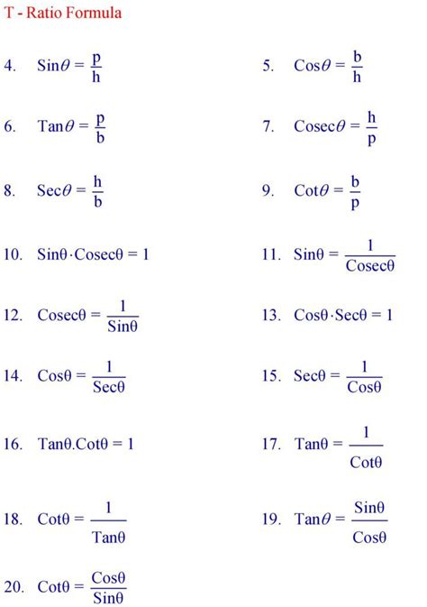 Trigonometric Ratios For 10th Class Formula In Maths