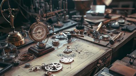 Vintage Clockwork And Scientific Instruments On Old Wooden Table Stock Image Image Of