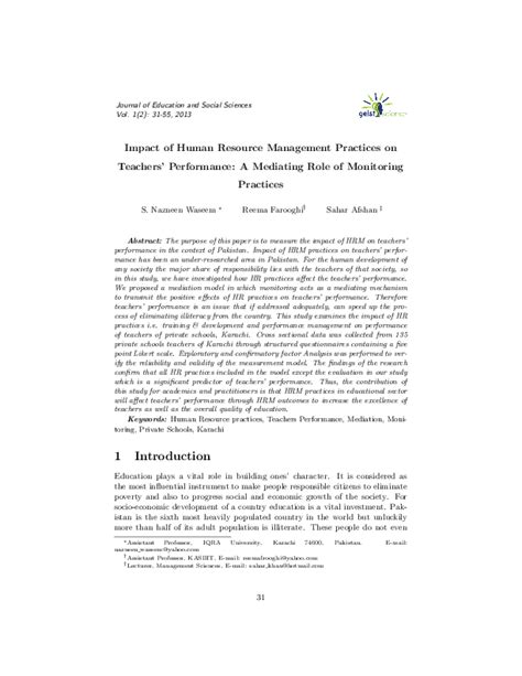 Pdf Impact Of Human Resource Management Practices On Teachers Performance A Mediating Role