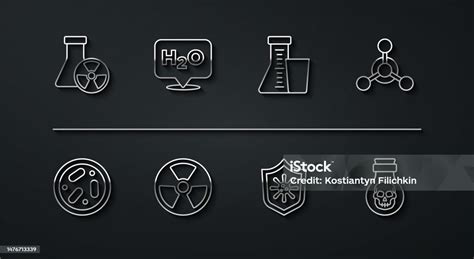 세트 라인 시험관 방사선 박테리아가 있는 페트리 접시 분자 바이러스로부터 보호하는 방패 방사성 H2o용 화학식 포이즌 병 및 플라스크 아이콘 벡터 건강 진단에 대한 스톡