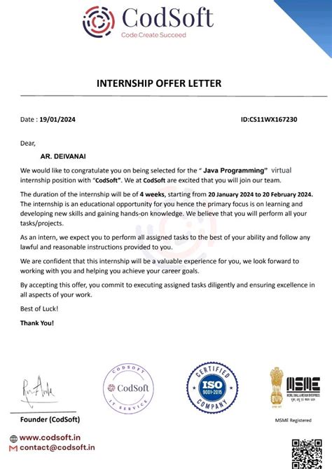 deivanai ar on linkedin internship offer letter for java programming