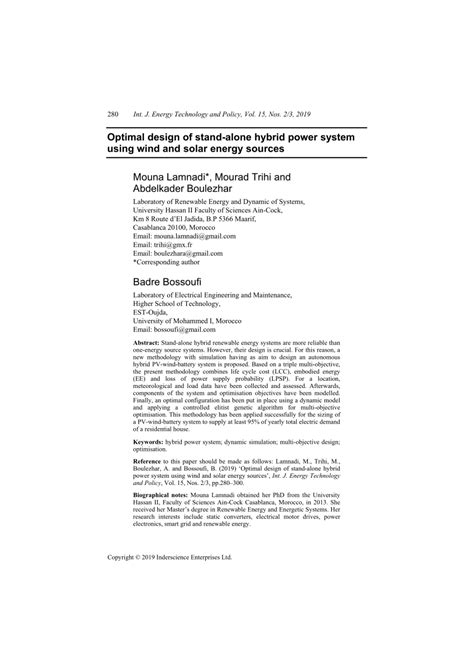 Pdf Optimal Design Of Stand Alone Hybrid Power System Using Wind And Solar Energy Sources