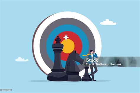 성공에 대한 리더십 전략 비즈니스 목표 도전 분석 또는 목표 개념을 달성하기위한 기회에 도달하기위한 계획 또는 전술 사업가는 왕 다음 움직임을위한 기사 체스 말과 함께