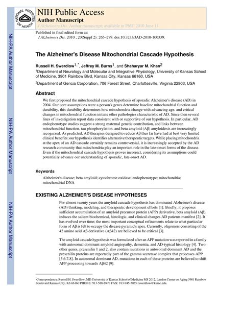Pdf The Alzheimers Disease Mitochondrial Cascade Hypothesis