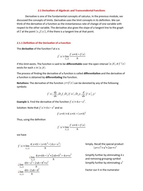2 1 Derivatives Of Algebraic And Transcendental Functions Pdf Trigonometric Functions
