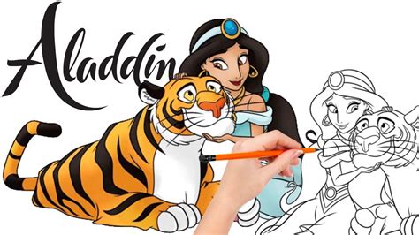 How To Draw Princess Jasmine With Rajah Her Pet Tiger Aladdin