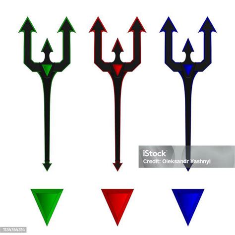 해왕성 트라이던트의 컬렉션입니다 악마의 무기를 만화 판타지 매직 무기입니다 지구의 요소 화재 물 벡터 일러스트 레이 션 디자인 게임 카드에 대 한 흰색 배경에 고립 개념에