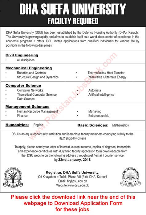 Dha Suffa University Karachi Jobs 2018 January Application Form Teaching Faculty Latest In